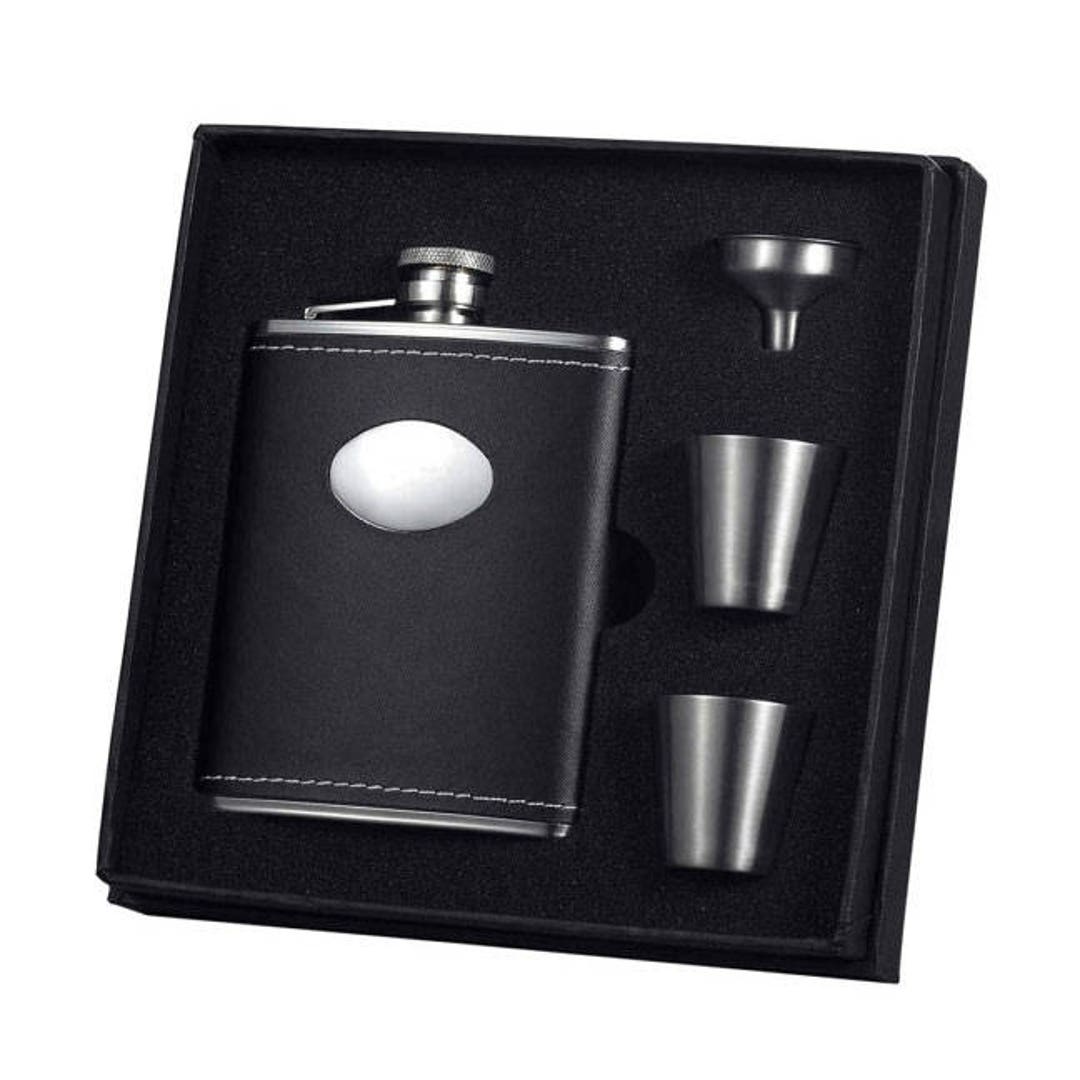 Personalized Flask Set, 6oz Stainless Steel Black Leather Flask Set ...