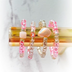Pink Gold Pearl Minimalist Dainty Seed Bead Stretch Boho 4 Ring Set - Etsy