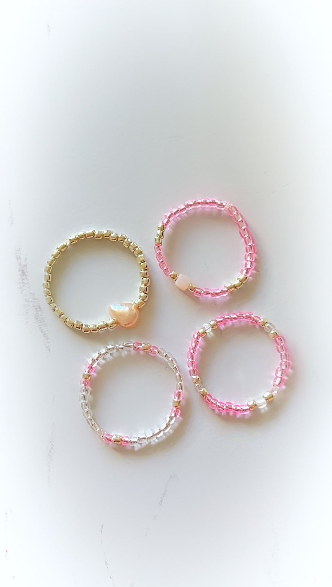Pink Gold Pearl Minimalist Dainty Seed Bead Stretch Boho 4 Ring Set - Etsy