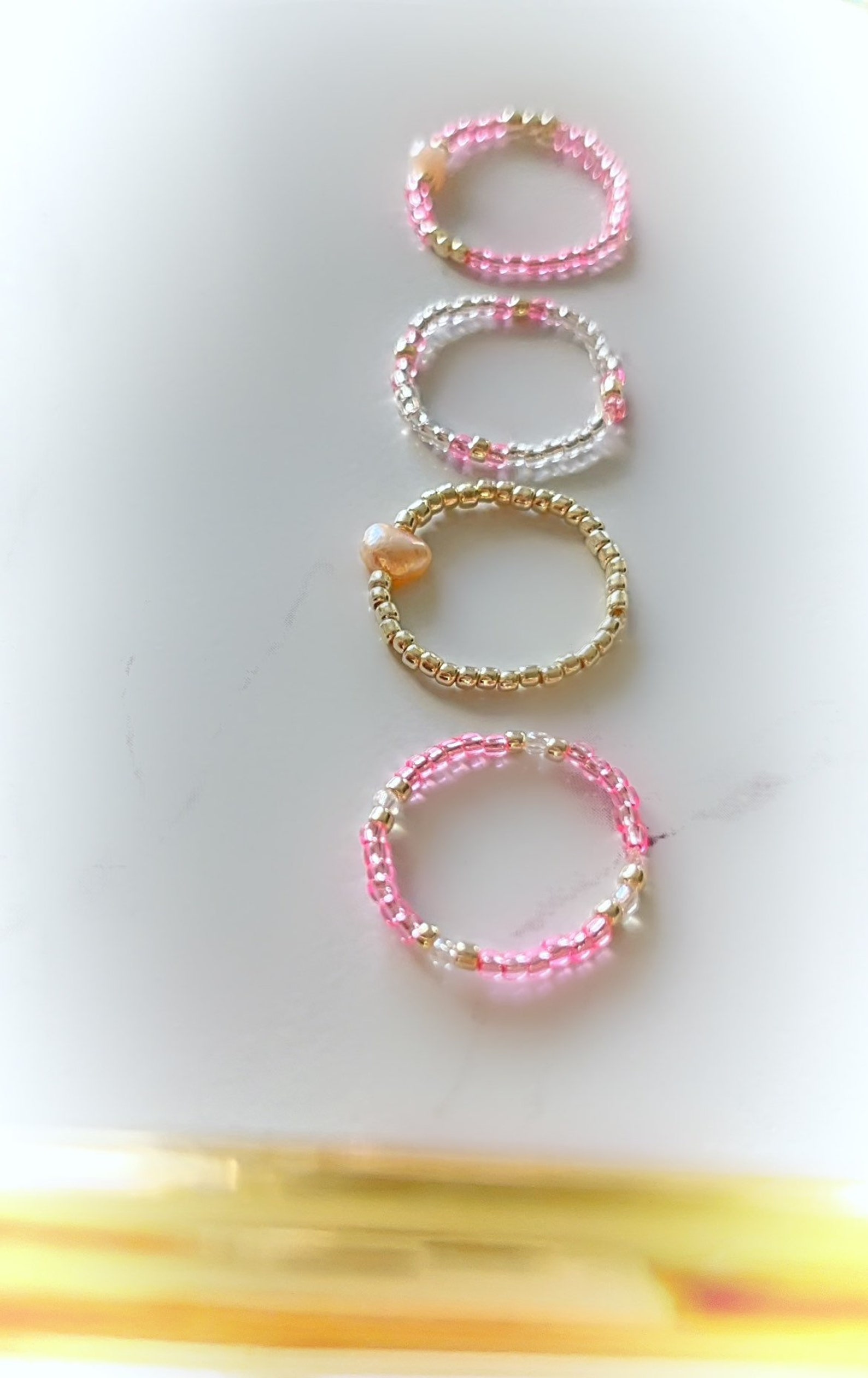 Pink Gold Pearl Minimalist Dainty Seed Bead Stretch Boho 4 Ring Set - Etsy