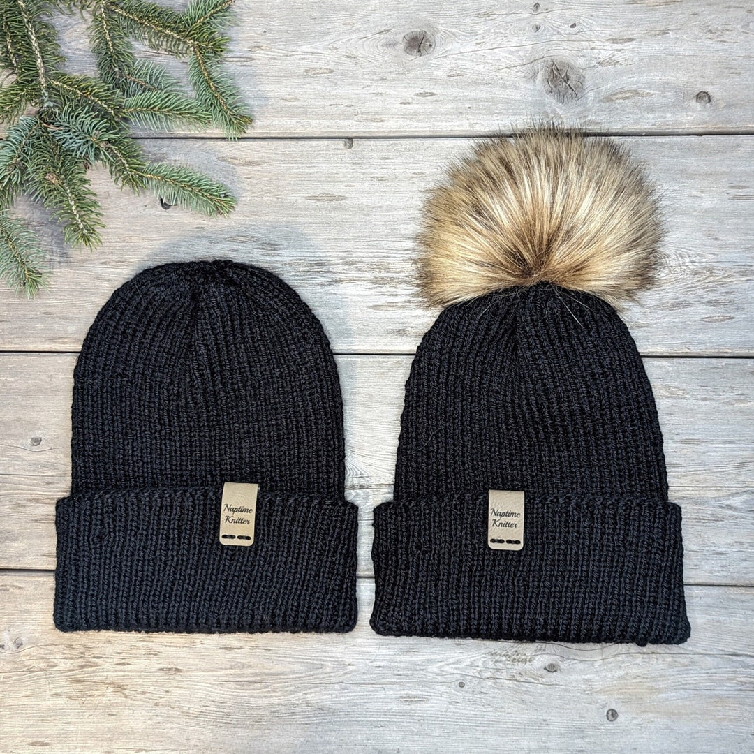 Women's Knitted Wool Blend Winter Hat, Black, Thick Warm Wool Blend ...