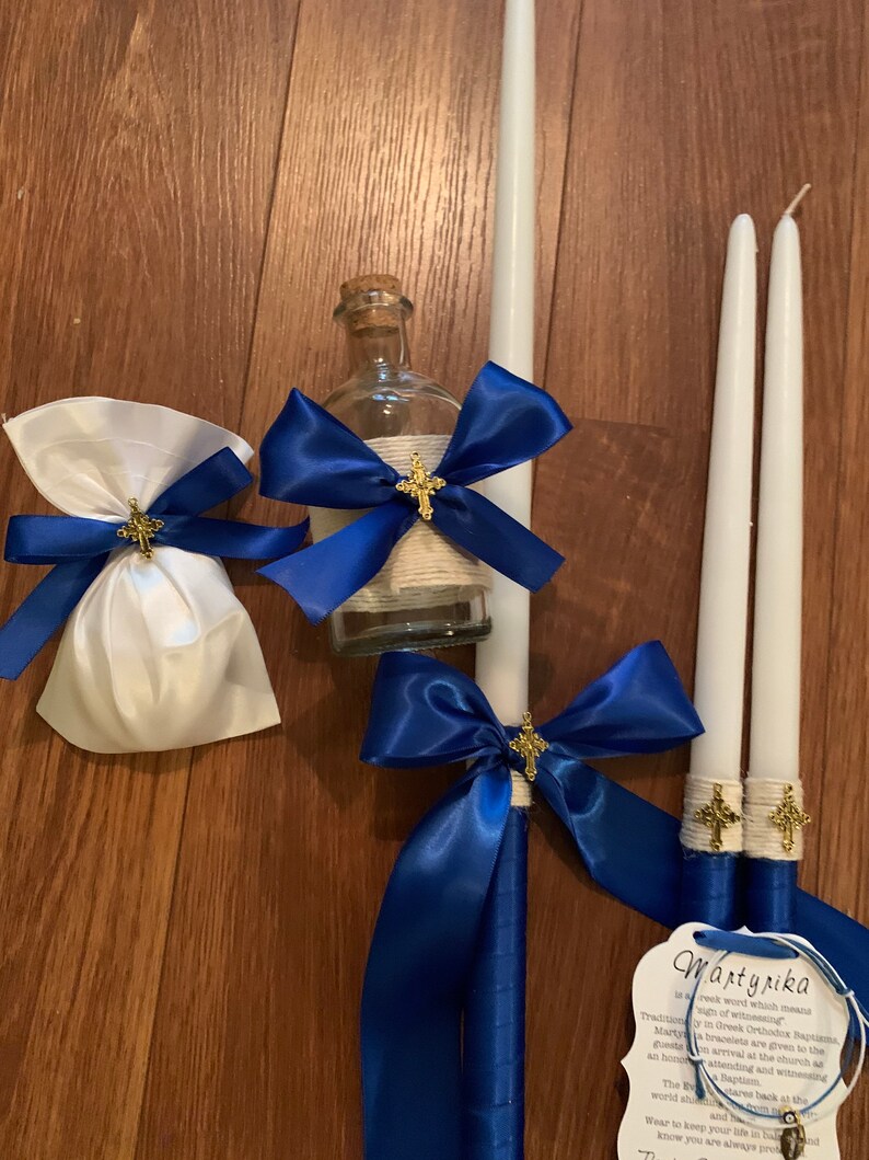 Cross Twine & Royal Blue Satin Bow - Greek Orthodox Baptism Set ...
