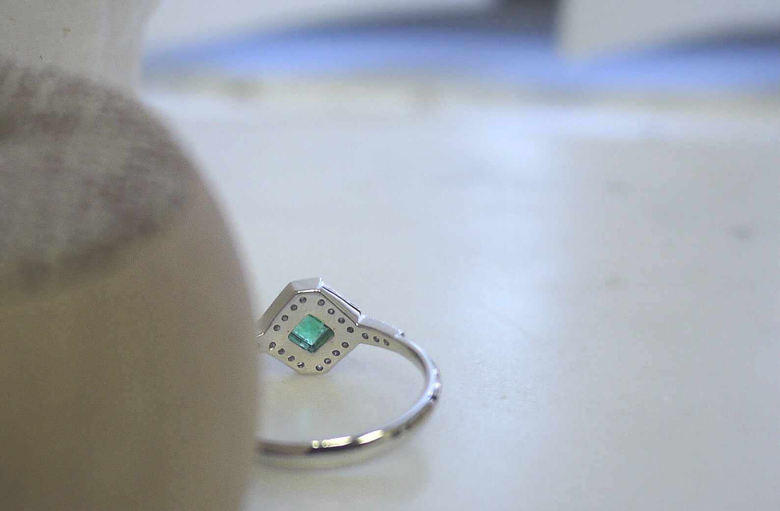 18K Solid Gold Side-way Cushion Cut Emerald and Diamond Art Deco Ring ...