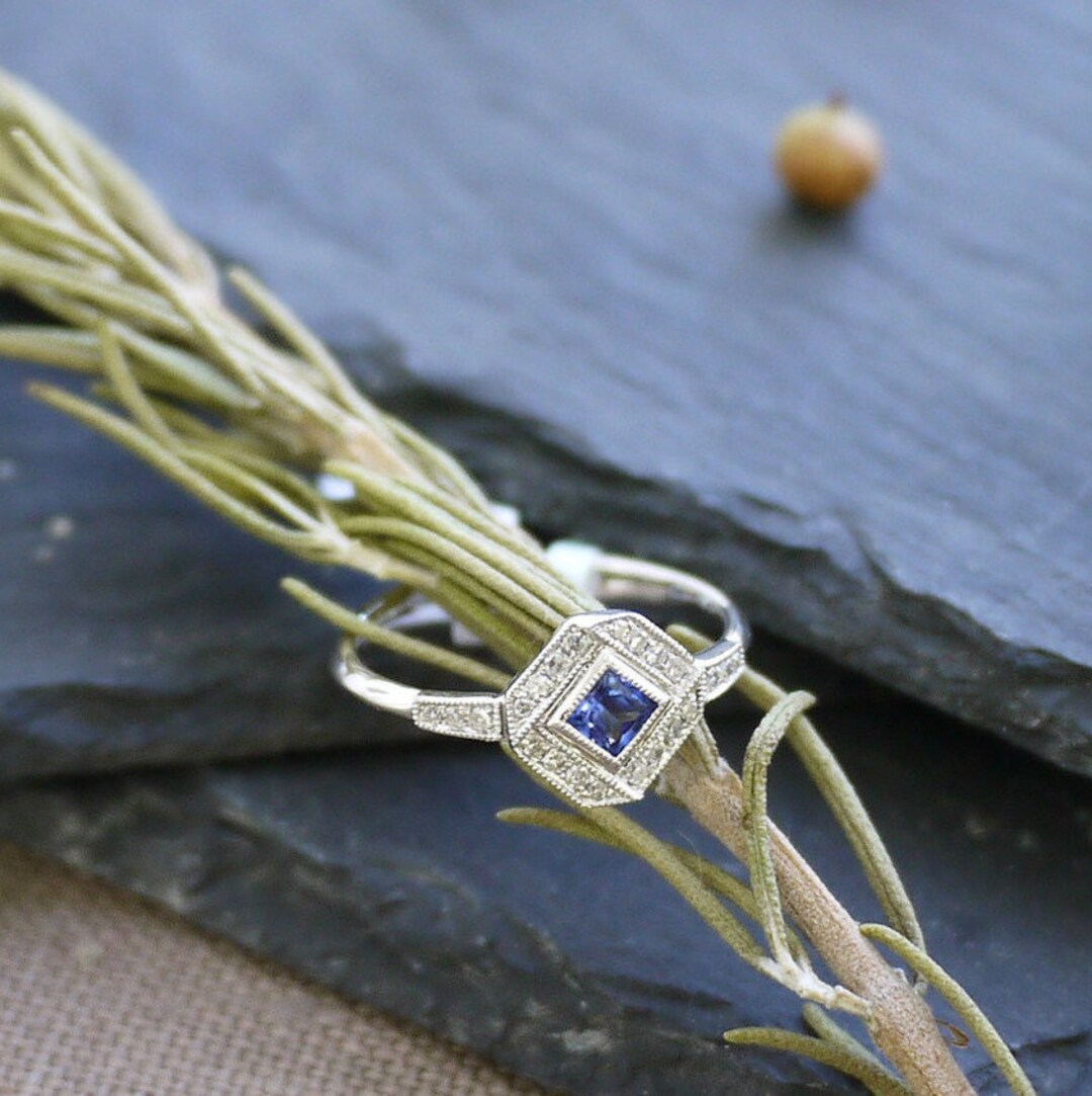 18K Solid Gold Side-way Cushion Cut Sapphire and Diamond Art Deco Ring ...