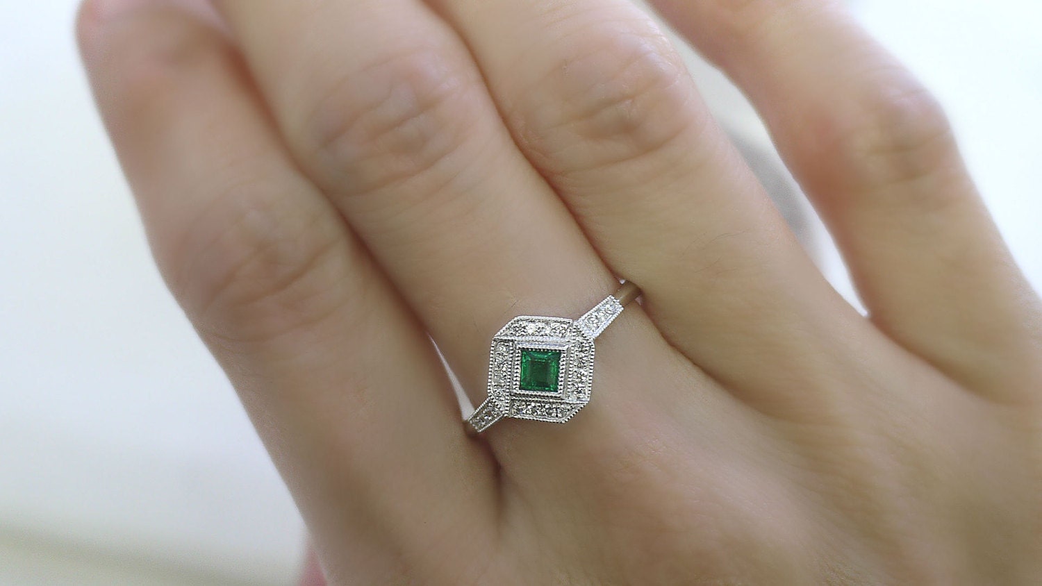 18K Solid Gold Side-way Cushion Cut Emerald and Diamond Art Deco Ring ...