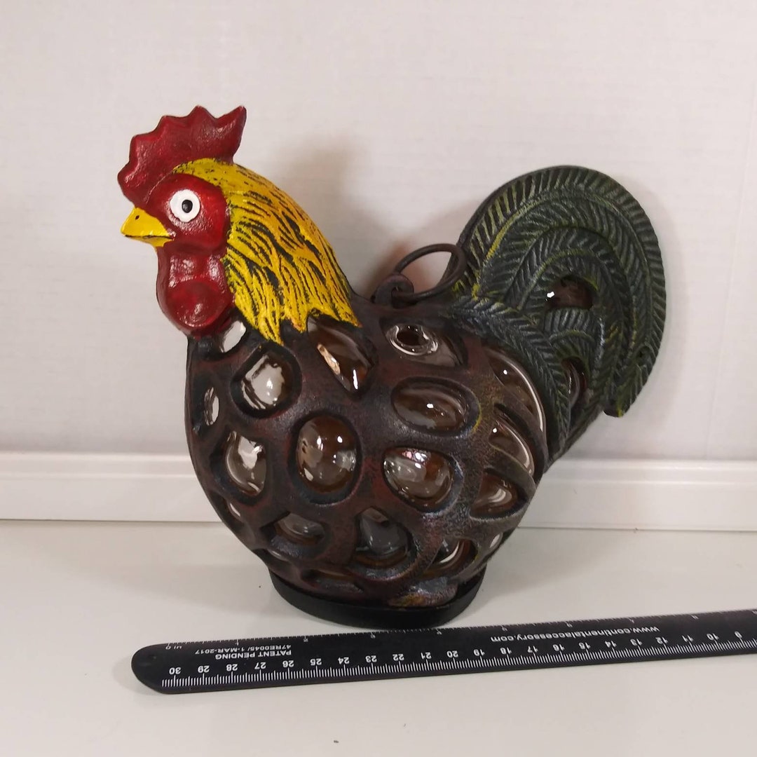 Vintage Cast Iron and Bubble Glass Rooster Chicken Lantern Tea Light ...
