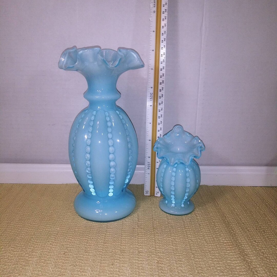 Set of Two Vintage Light Blue Fenton Glass Melon Ruffled Beaded Vases ...