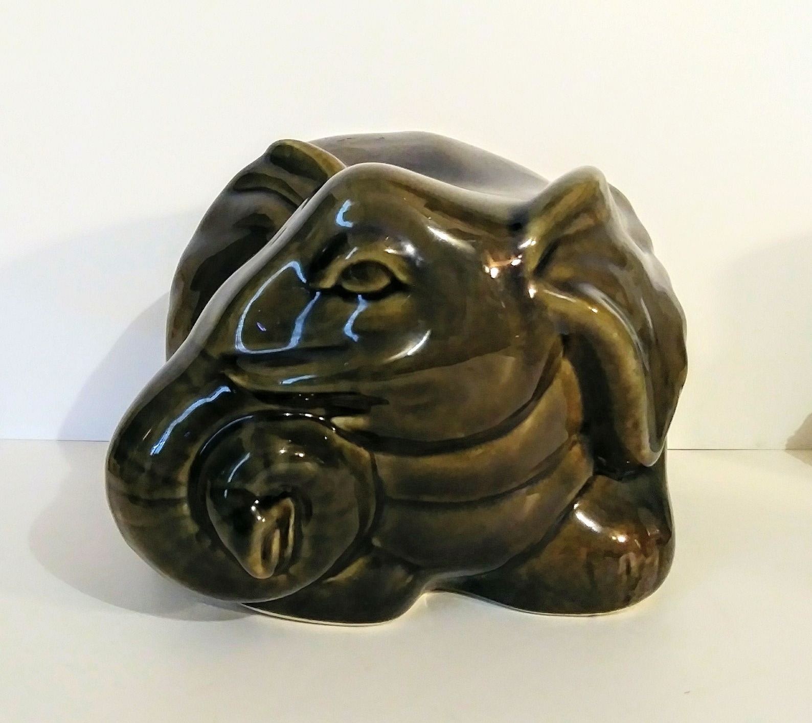 Large Ceramic Elephant Statue Figurine With Two Toned Glaze Olive Green ...