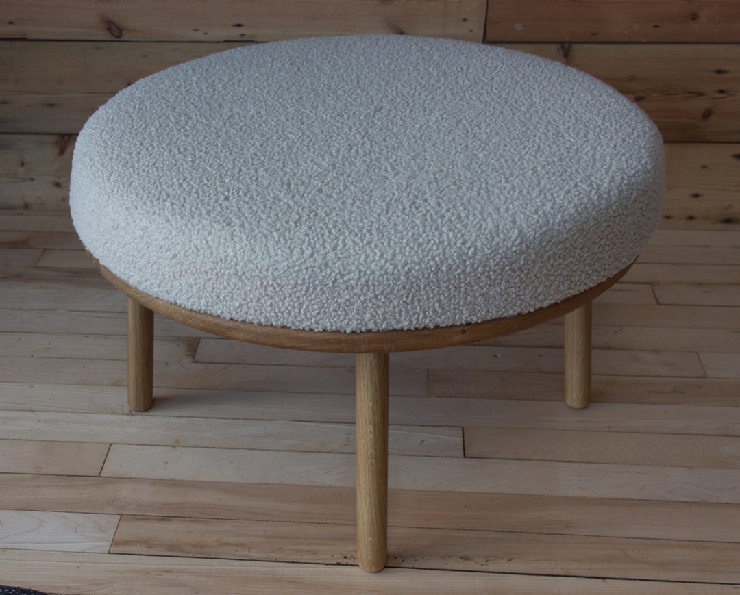 Handmade Round Boucle Footstool: Solid Oak Base, Turned Legs - Etsy