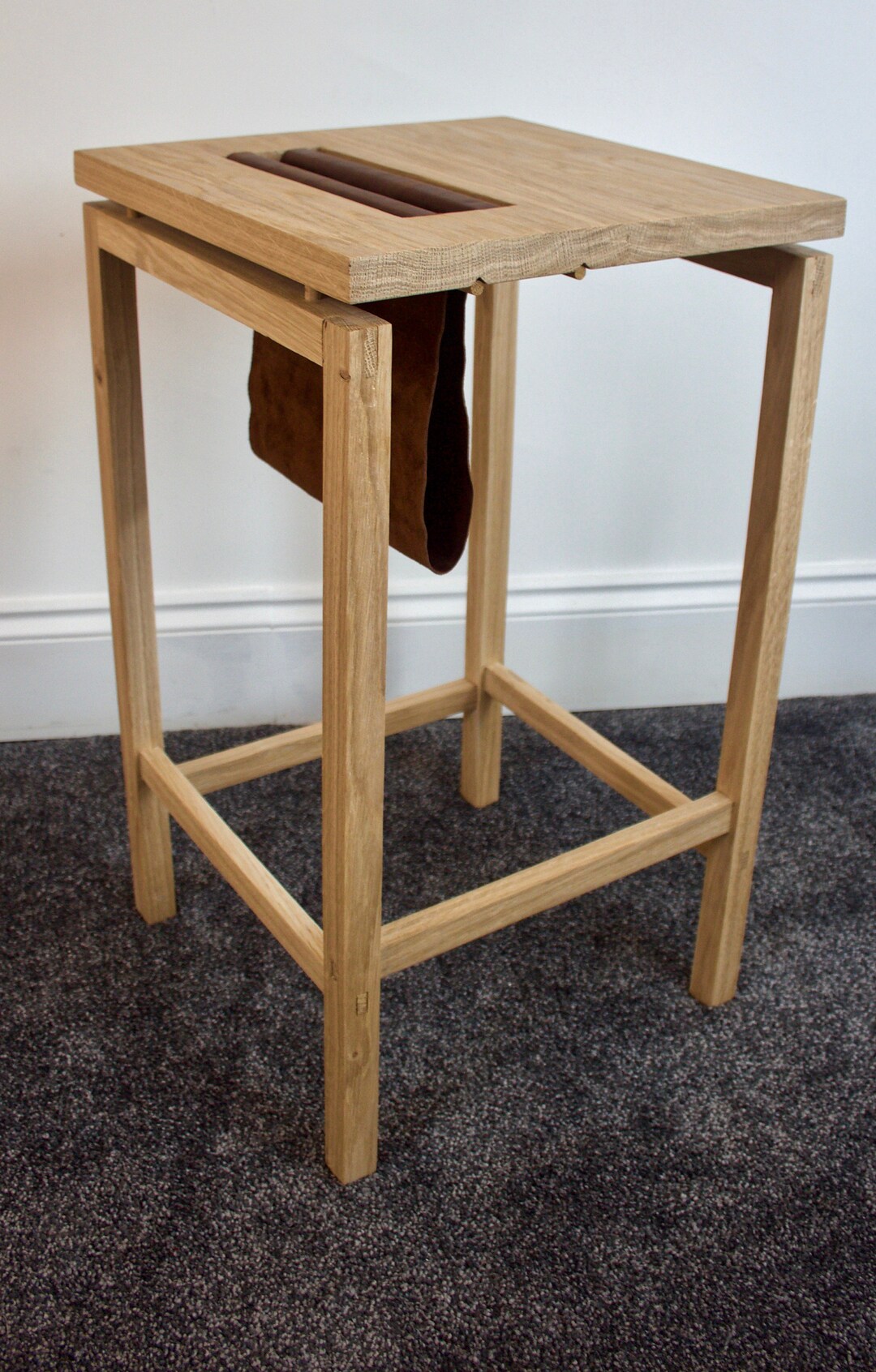 Oak Side Table With Handmade With Integrated Storage Pouch for ...