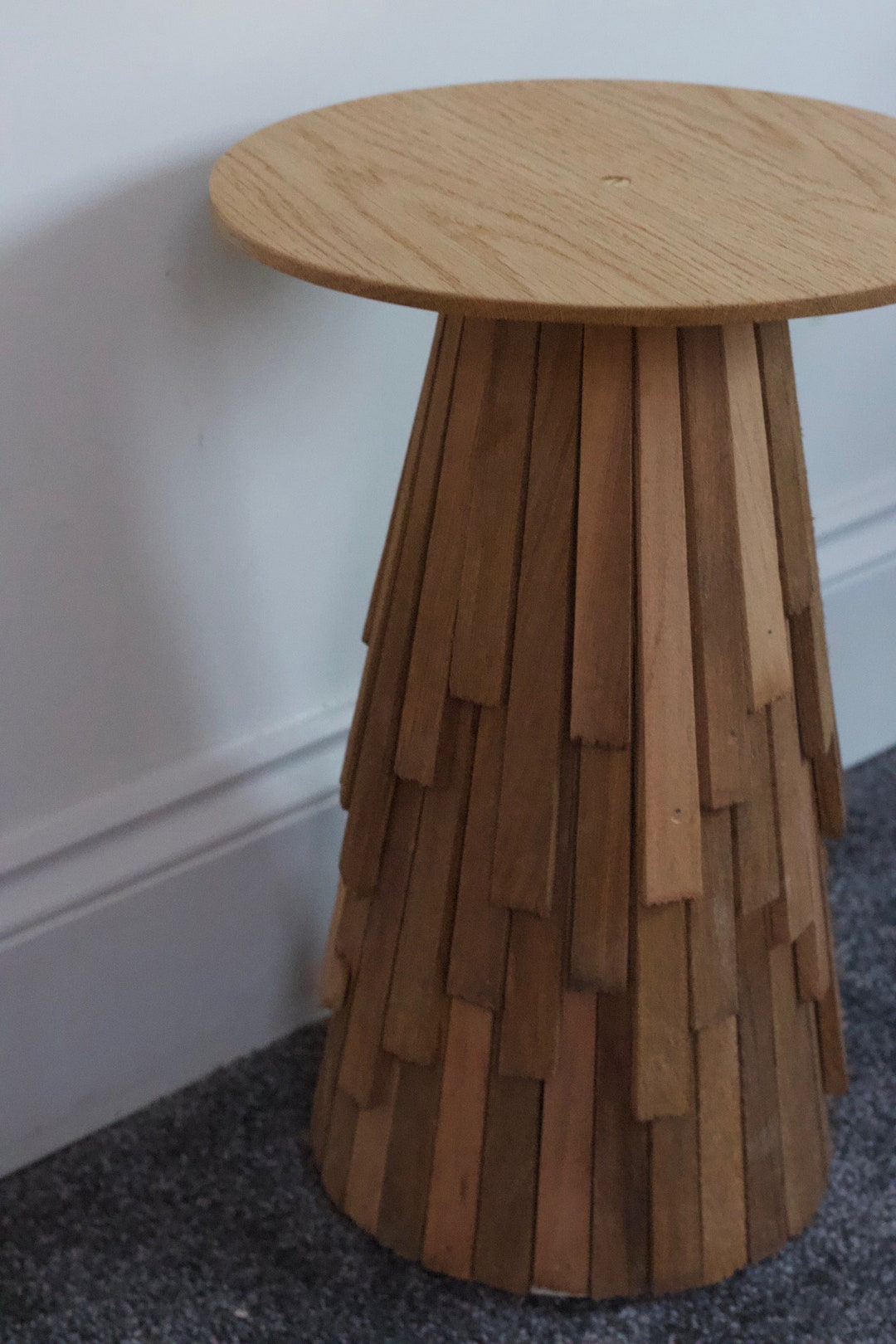 Custom Made Round Side Table With a Cone Shaped Base Made From Layered ...
