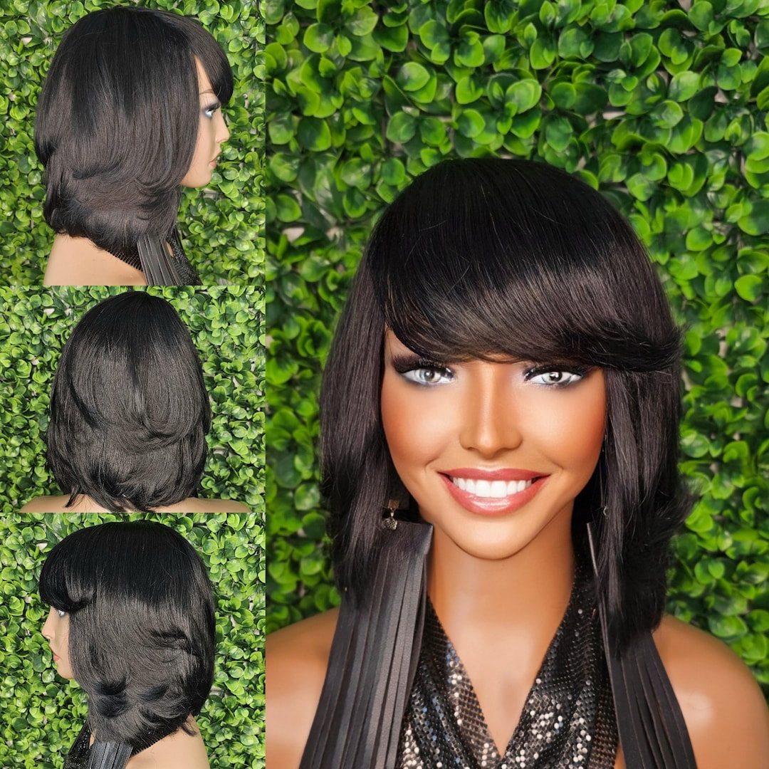 Swoop Bang Bob 100% Human Hair Wig Peruvian Remy Short Cut Hair ...