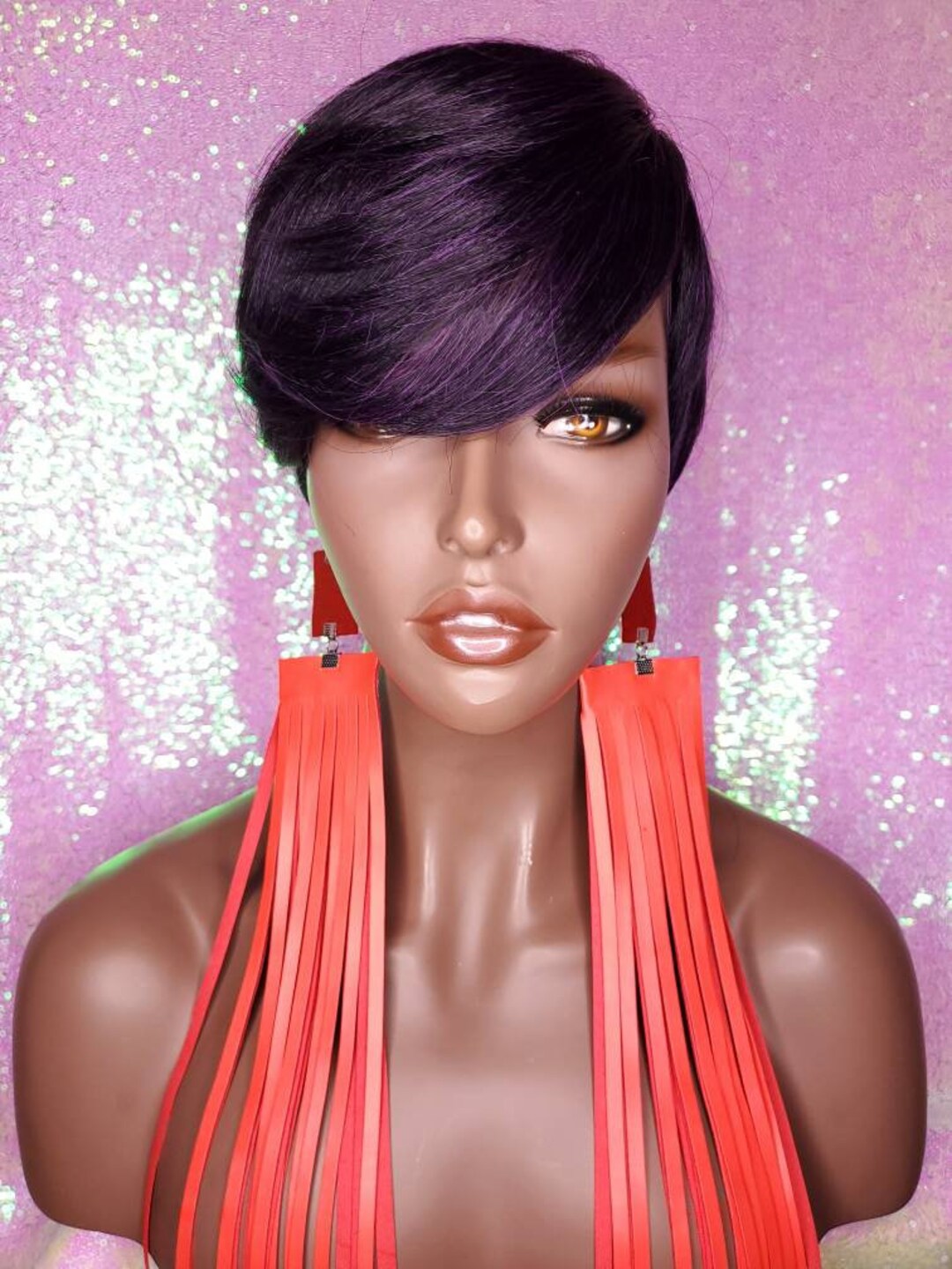Pixie Wig: Short Layered Bangs, Purple Highlights - Etsy