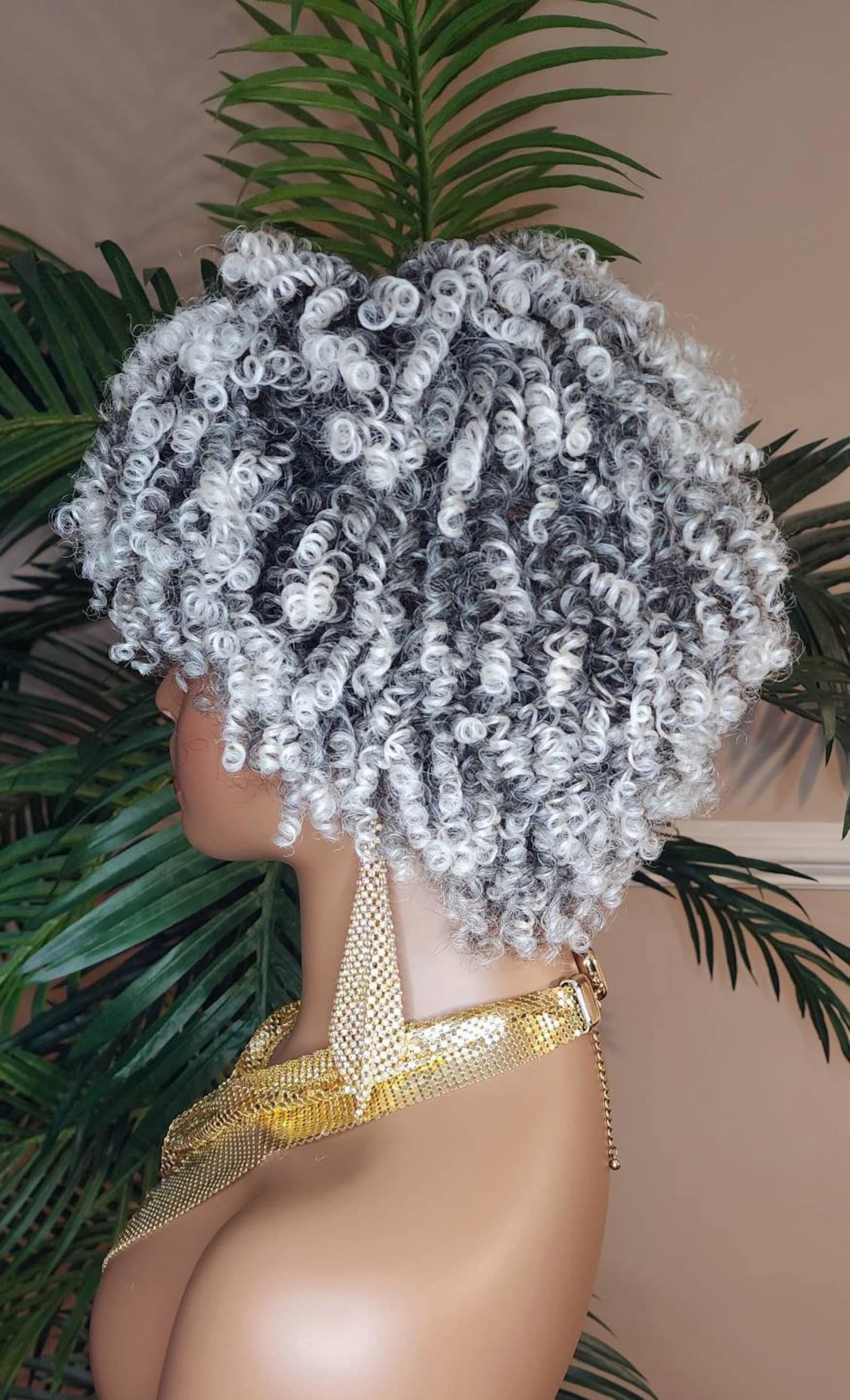 White Gray Hair Wig Coil Kinky Twist Spiral Curl Pixie Short Afro ...