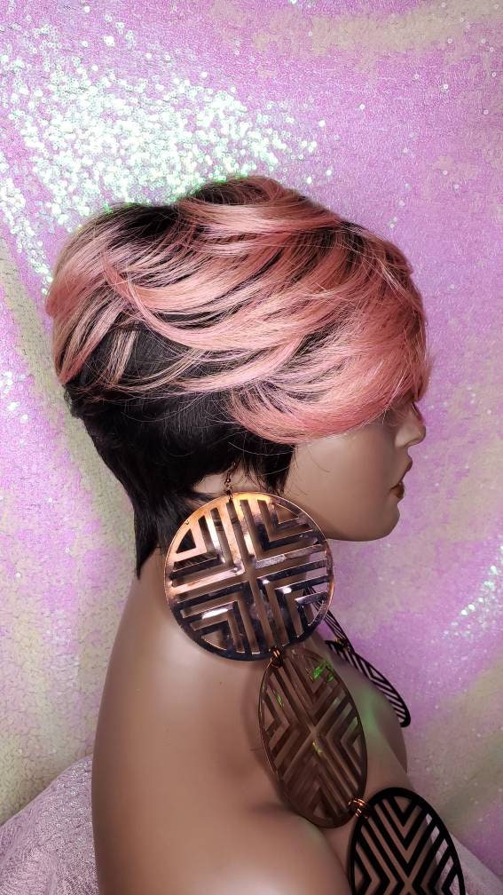 Pink Hair Wig Short Wig Pixie Cut Style With Swoop Bangs Wigs - Etsy