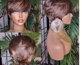 WIG Strawberry Blonde Auburn Black Ombre Color Mix Hair Swoop Bang Pixie Cut Wig Short Hairstyle ...