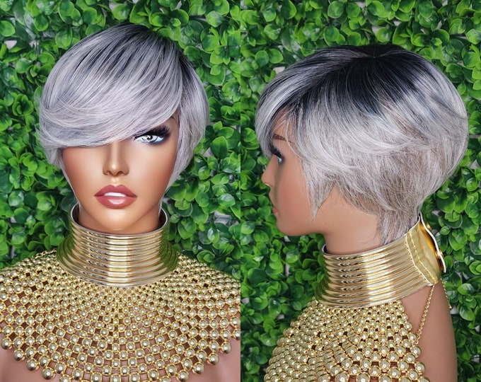 Swoop Bang Pixie Cut Wig Gray Brown Mix Short Style Wig Salt Pepper ...