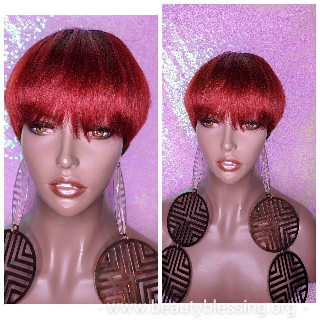 WIG Red Hair Pixie Cut Bowl Mushroom Hair Cut Remy 100% Human - Etsy