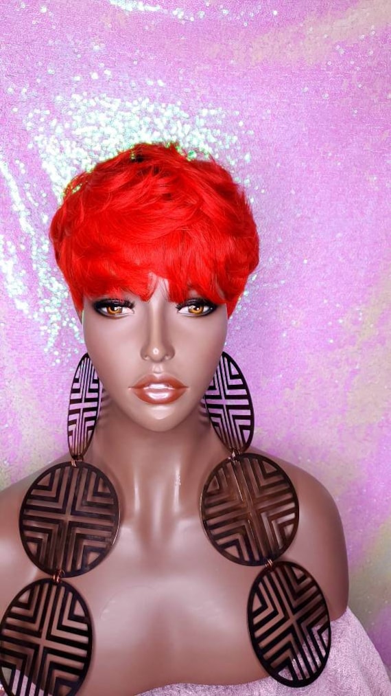Wig Red Hair Pixie Cut Peruvian Remy Human Hair Wig Choppy Red Hair Wig Full Bang Layered Hair Wig Etsy UK