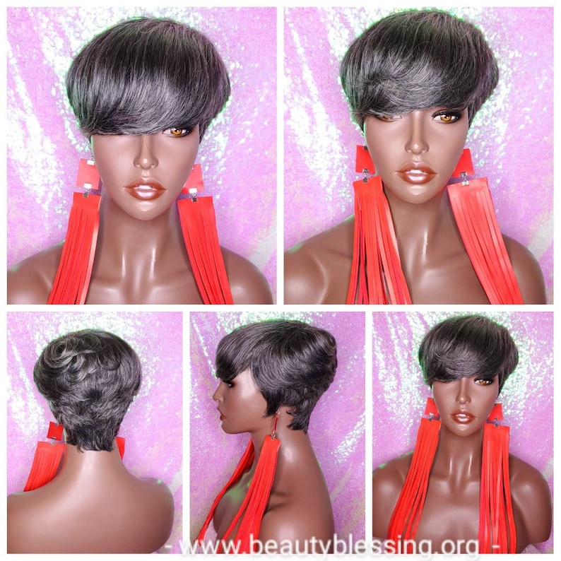 Salt Pepper Gray Human Hair Wig: Pixie Cut Swoop Bang - Etsy