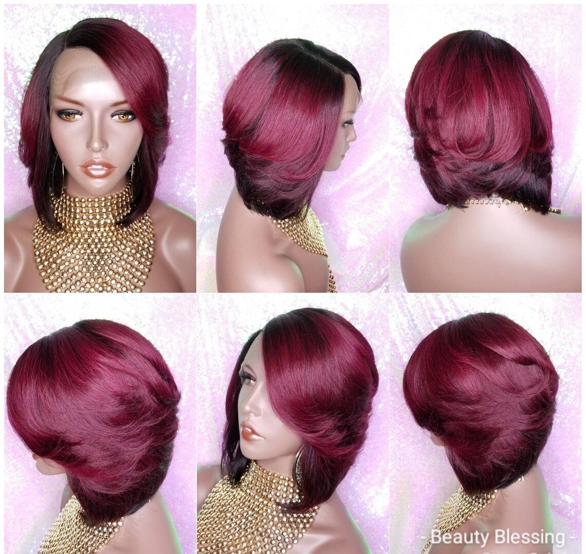 Wig Glueless Lace Front Ombre Burgundy Wig Bob Hairstyle - Etsy