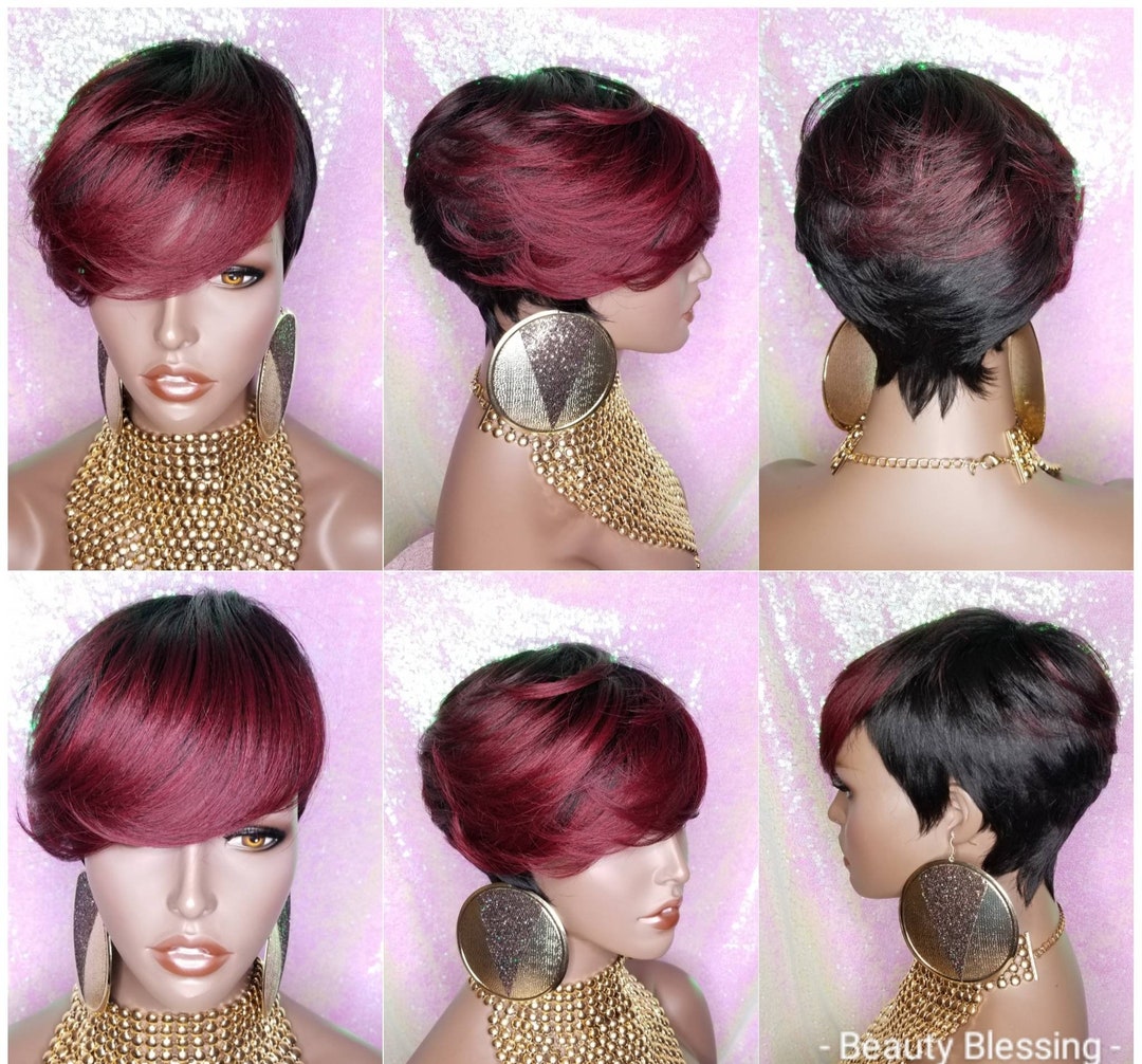 Burgundy Wine Ombre Hair Wig Short Wig Pixie Cut Style Wig With Swoop ...