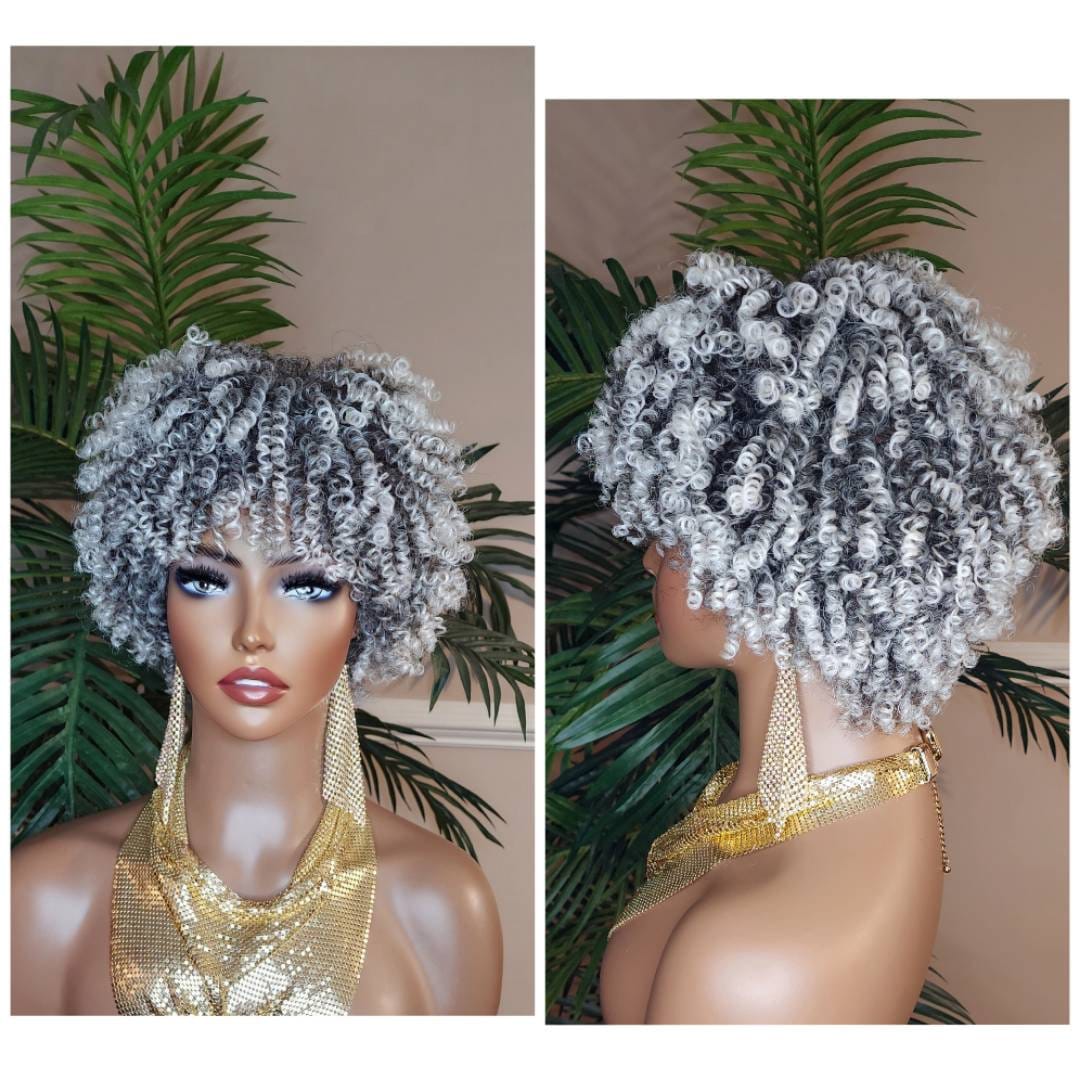 White Gray Hair Wig Coil Kinky Twist Spiral Curl Pixie Short Afro ...