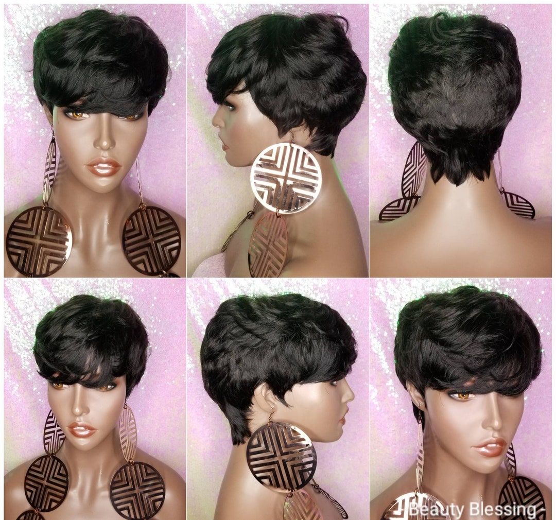 Wig Razor Cut Pixie Cut Peruvian Remy Human Hair Wigs Short Swoop Bang ...