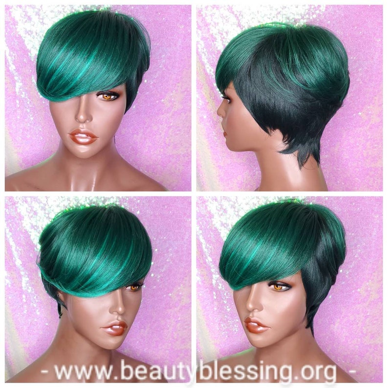Wig Green Hair Wig Short Wig Pixie Cut Wig With Swoop Bangs Etsy