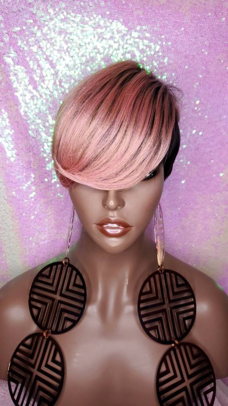 Wig Short Wig Pixie Cut Style With Swoop Bangs Wigs For Women Etsy