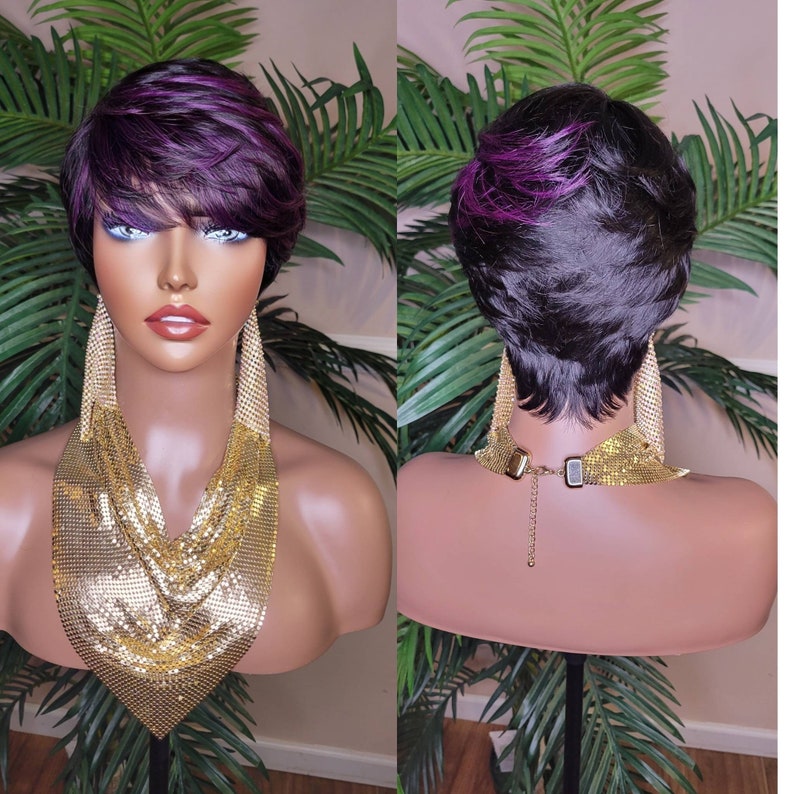 Purple Hair Wig Swoop Bang Pixie Cut Remy 100 Human Hair Wig Etsy