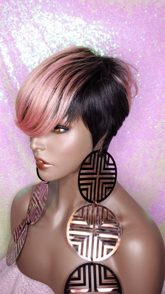 Pink Hair Wig Short Wig Pixie Cut Style With Swoop Bangs Wigs - Etsy