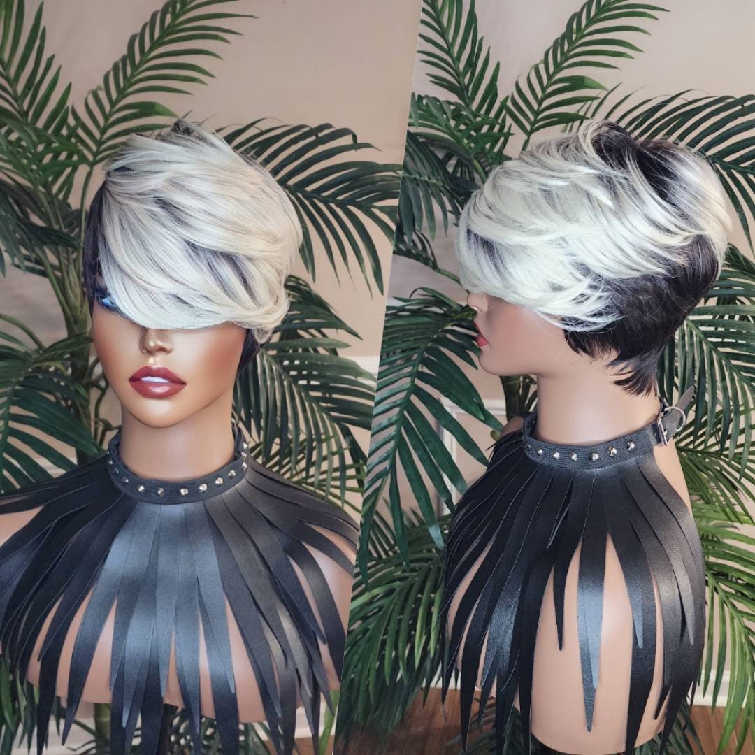 Wig White Gray Blonde Hair Swoop Bang Wig Tapered Short Cut Pixie Cut ...