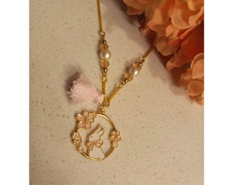 Vintage Enamel Bunny Rabbit Gold Tone Chain Necklace Easter Bunny White ...