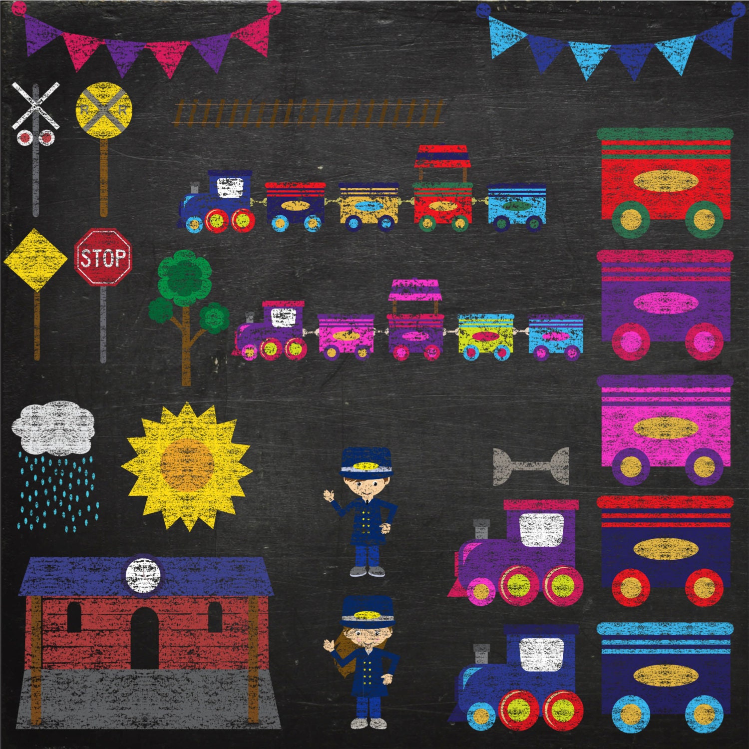 Chalk Train Clipart Pack - Locomotive Clipart - Chalk Railroad Clipart ...