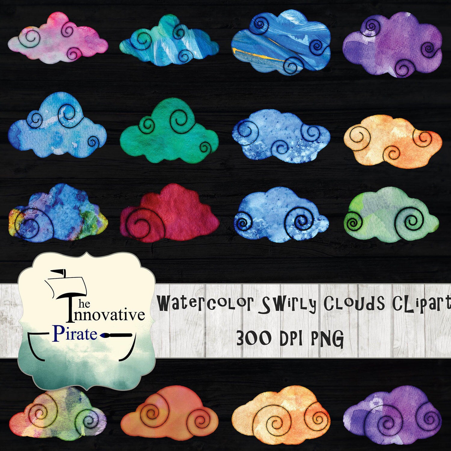 Watercolor Swirly Cloud Clipart - Watercolor Clip Art - Watercolor ...
