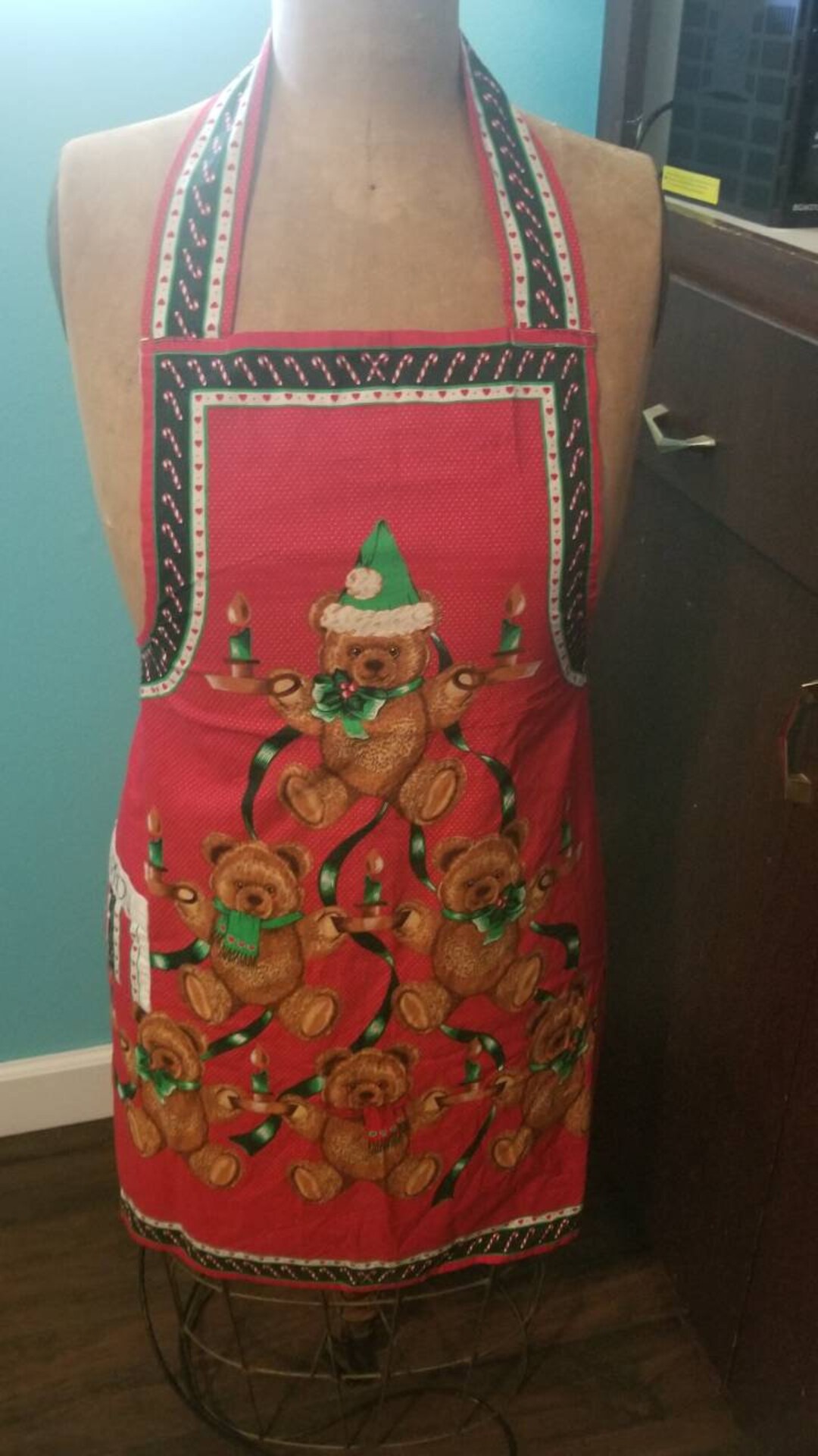 Vintage CHRISTMAS Teddy BEAR APRON With Candy Canes and Hearts, Vintage ...