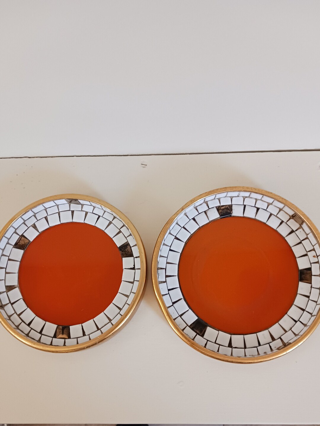 Groovy MOSAIC TILE DISH Set of 2, Vintage Round Orange N White Tile Trinket Dish, Mid Century ...
