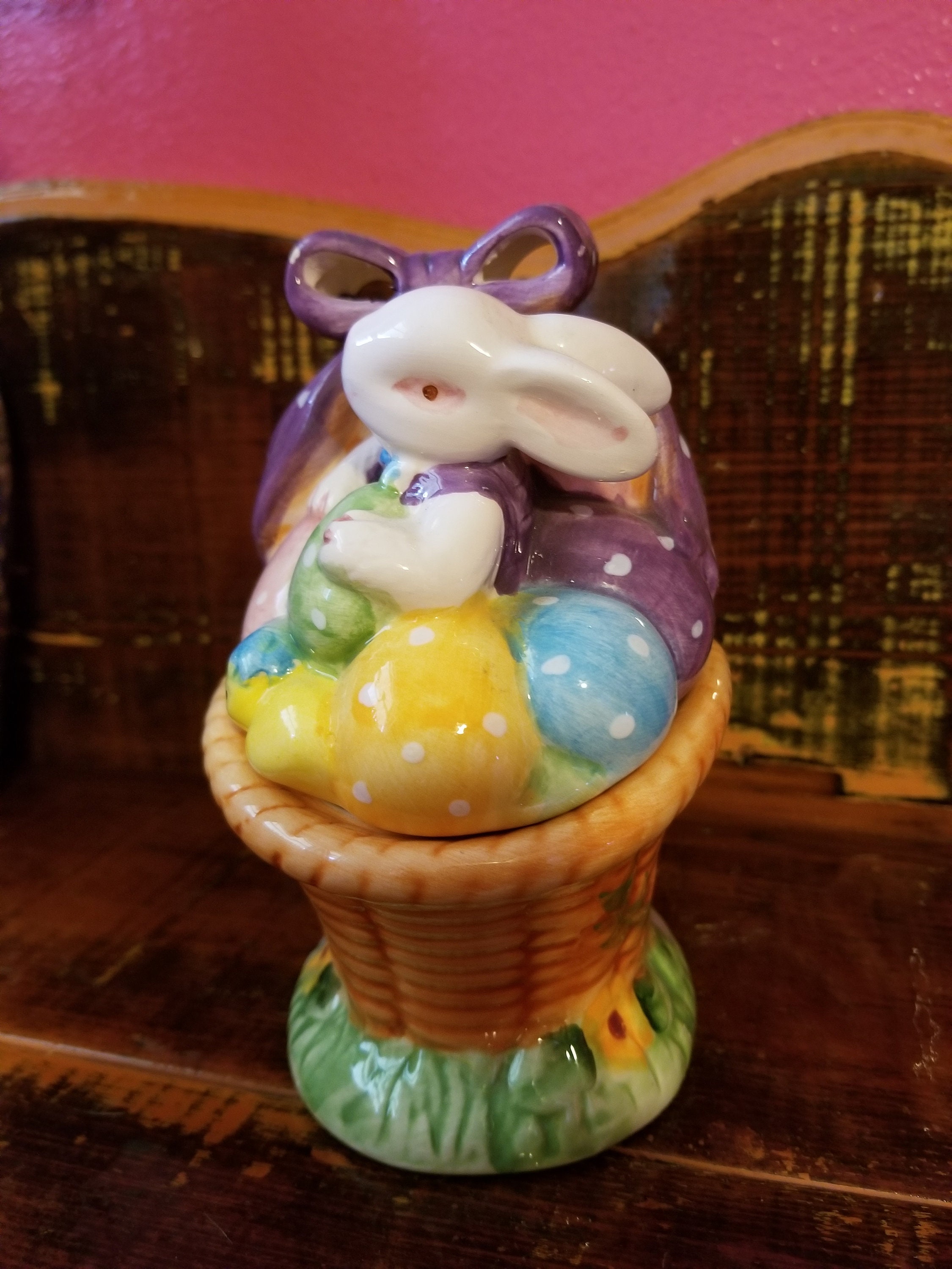 Colorful Ceramic Covered EASTER Egg Basket CANDY DISH, Vintage Easter ...