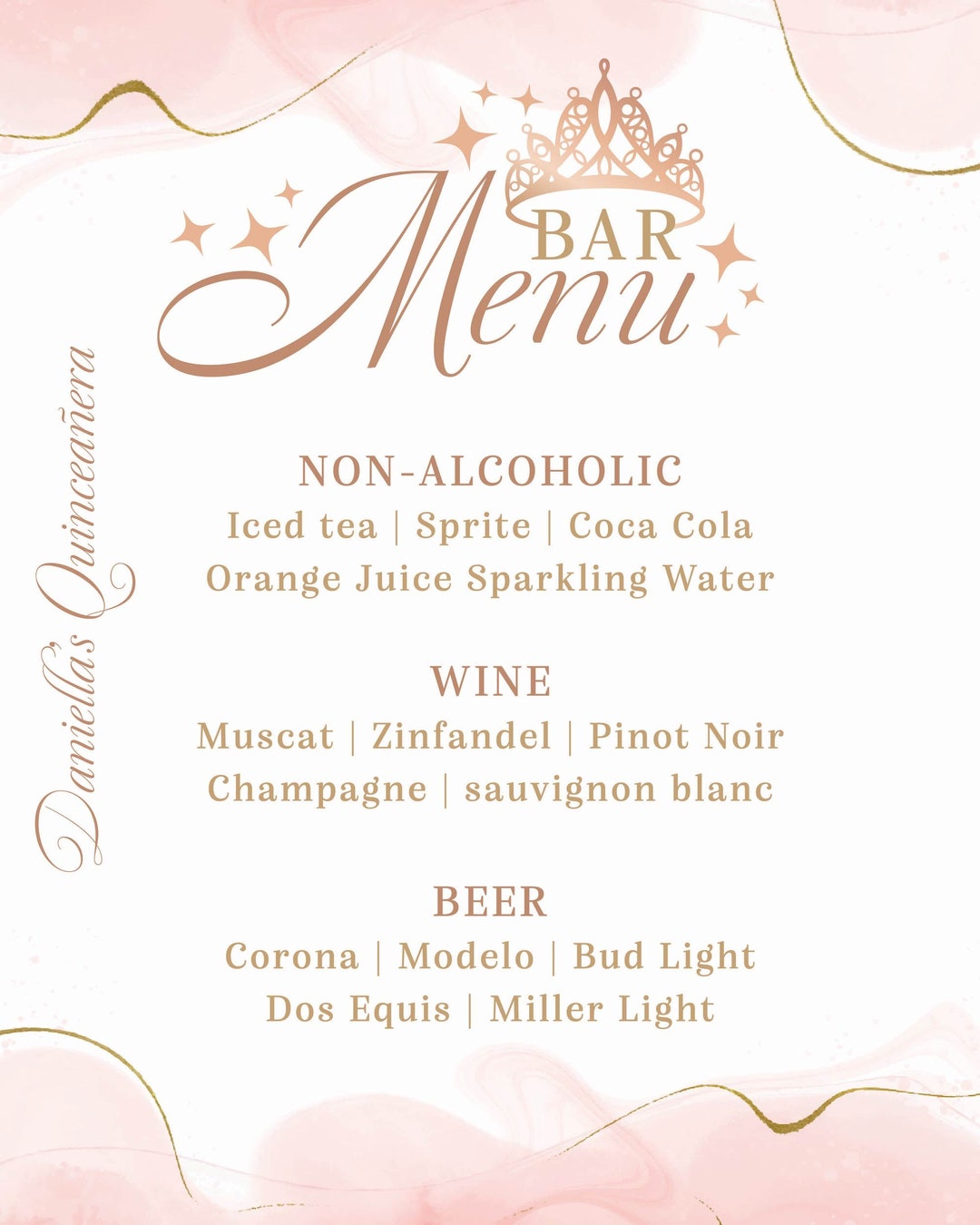 Quinceanera Bar Sign: Quinceanera Princess Bar Menu Sign - Etsy