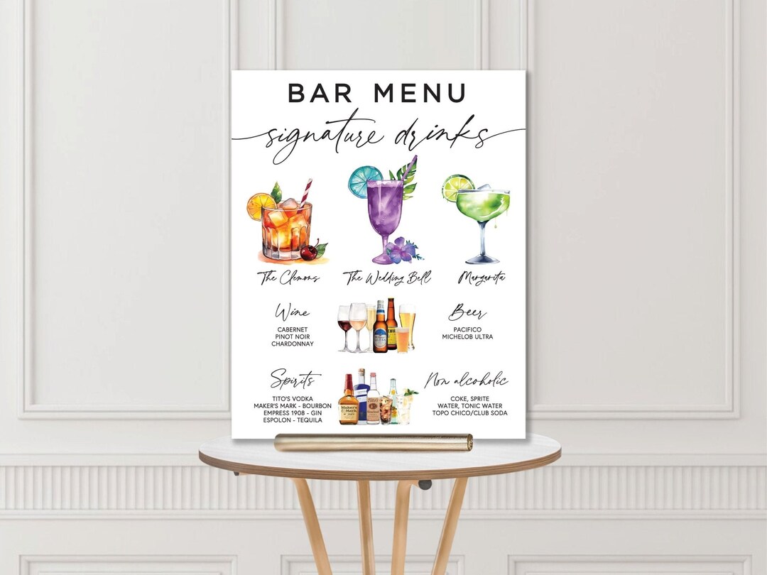 Classic Water Color Wedding Bar Sign With Signature Drinks - Etsy