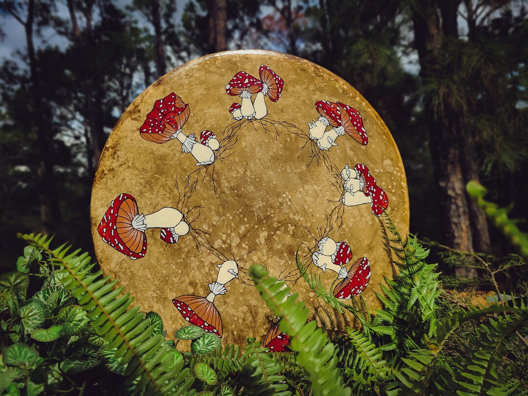 Mushroom Shamanic Round Hand Drum / Large 16 Inch Handmade Goat Hide ...