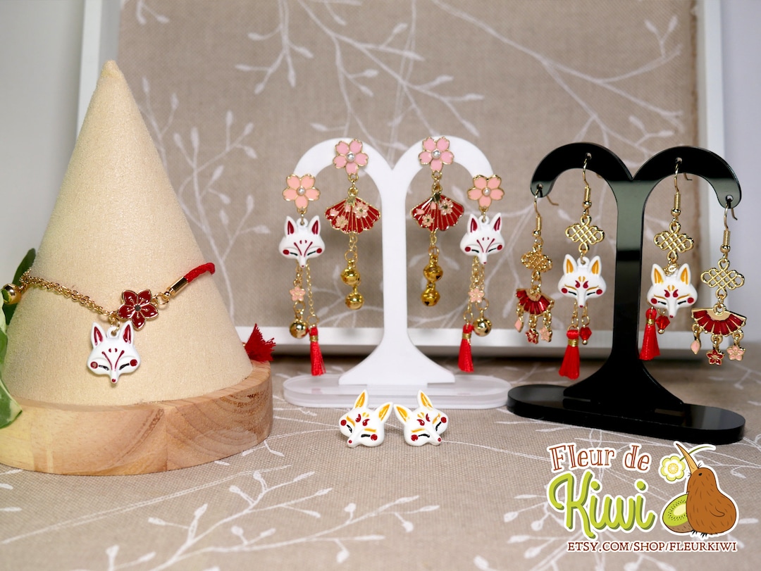 Bracelet and Earrings Jewelry Fox Fan, Kitsune, Sakura, Japanese Lucky ...