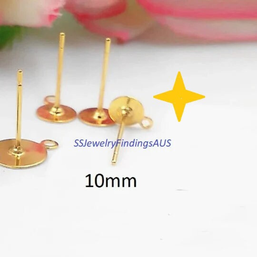 10 Pairs Stainless Steel Gold Plated 10mm Pad Stud Post With 2mm Side ...