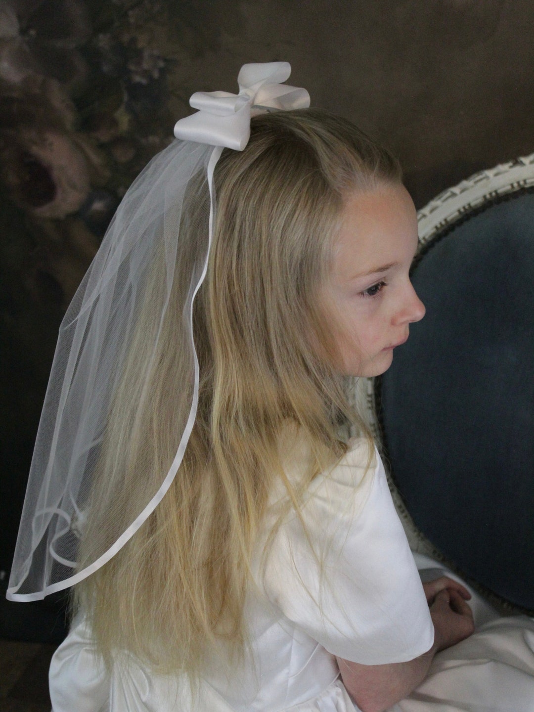 One-tier Communion Veil Large Bow and Satin Trim| Confirmation Veil ...