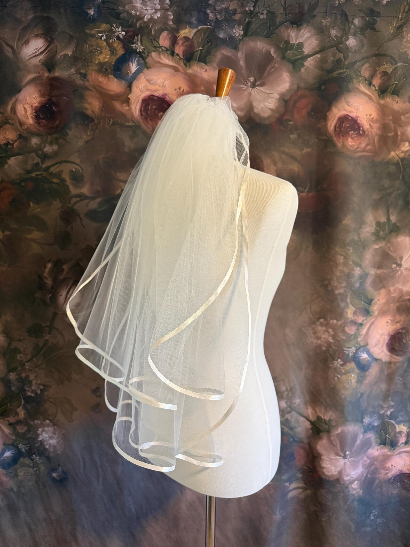 Two Tier Satin Trim Veil in White or Ivory 1/4 Inch Ribbon 54 Inch ...