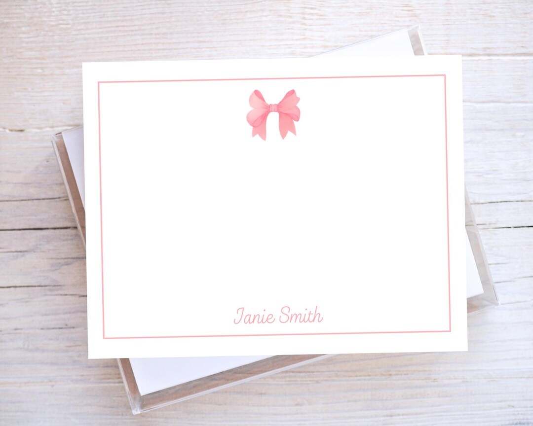 Personalized Baby Pink Bow Notecard Set, Notecard for Girls, Preppy ...