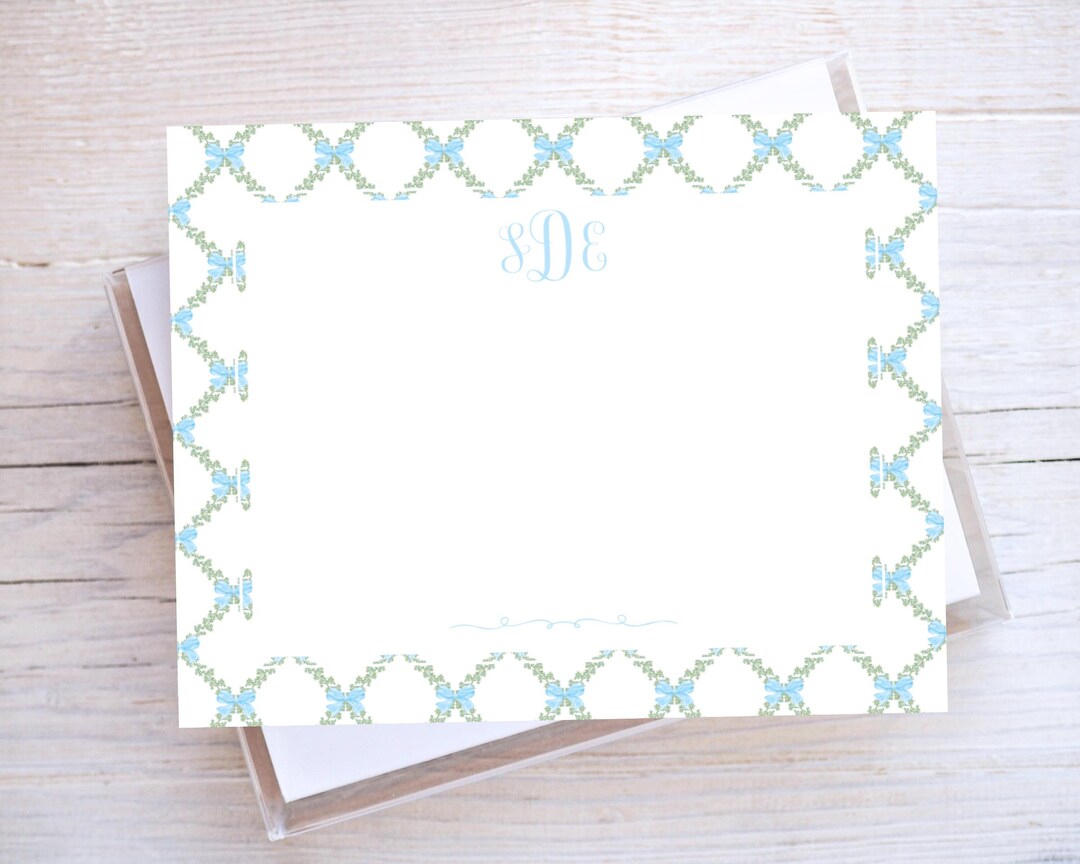 Personalized Coquette Trellis Blue Bow and Green Notecard Set, Notecard ...