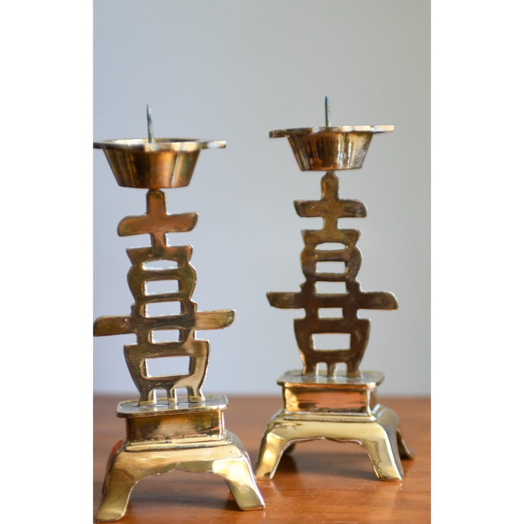 Pair of Chinese Chinoiserie Asian Brass Candlesticks Pillar or Taper ...