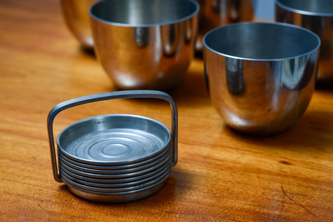 Set of 7 Pewter Vintage Metal Drink Coasters With Handled Carrier ...